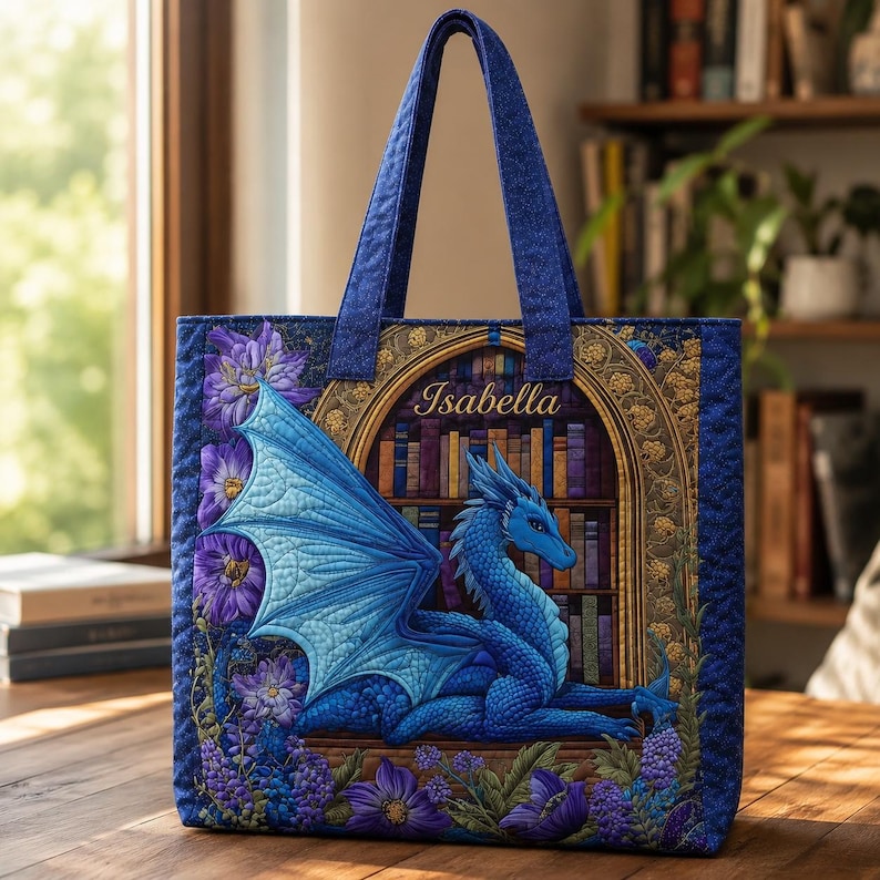 Custom Dragon Quilted Tote Bag, Personalized Blue Dragon Handbag ...