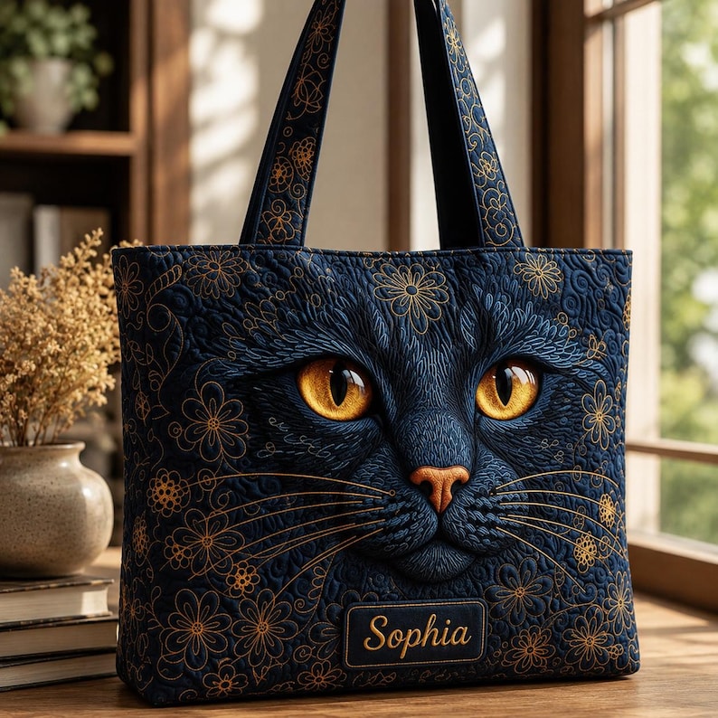 Custom Black Cat Quilted Tote Bag, Personalized Black Cat Handbag ...