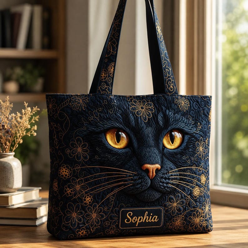 Custom Black Cat Quilted Tote Bag, Personalized Black Cat Handbag ...