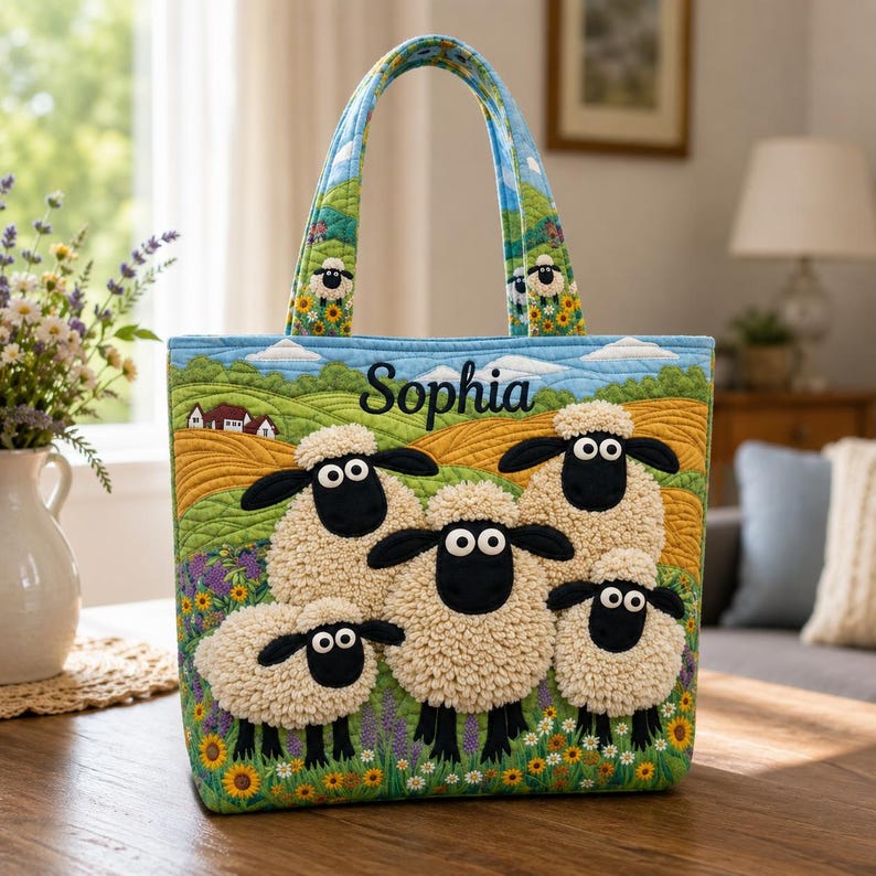 Custom Sheep Serenity Quilted Tote Bag, Personalized Floral Farmhouse ...