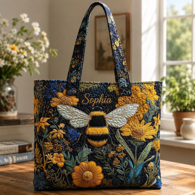 Custom Queen Bee Quilted Tote Bag, Personalized Bee Handbag, Bee Women ...