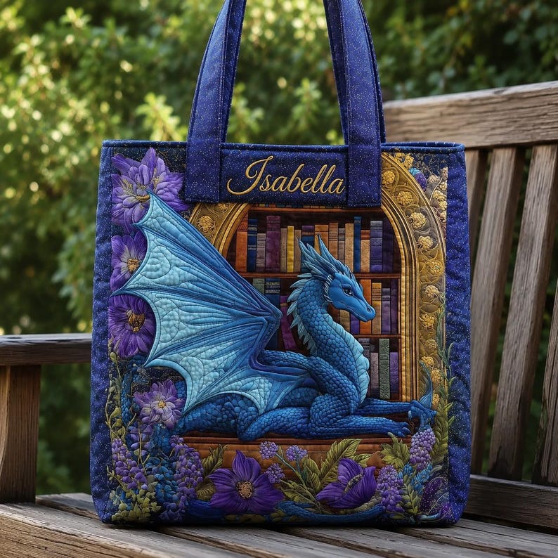 Custom Dragon Quilted Tote Bag, Personalized Blue Dragon Handbag ...