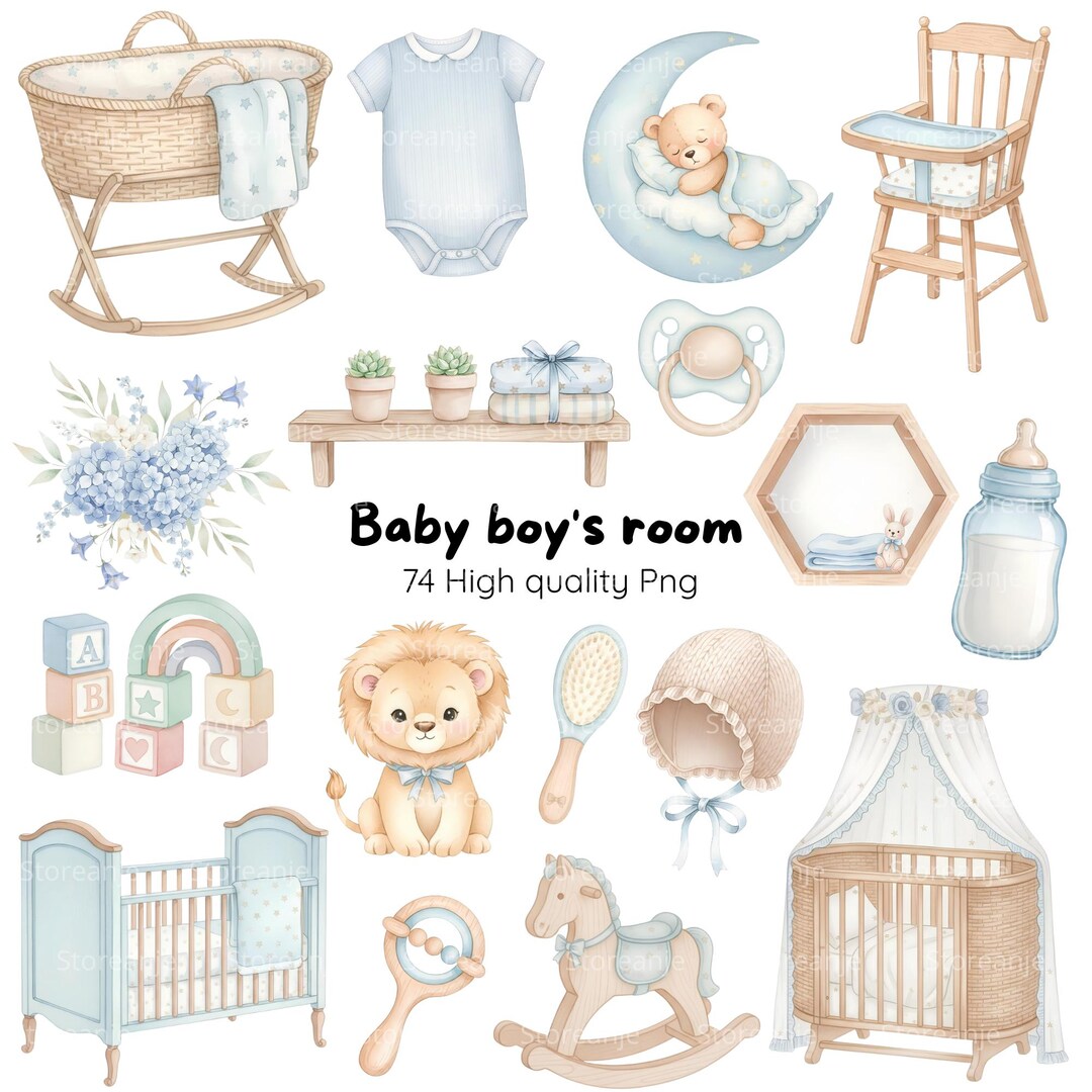 Baby Boy Nursery Watercolor Clipart • Cute Digital Kit • 300 DPI PNG ...