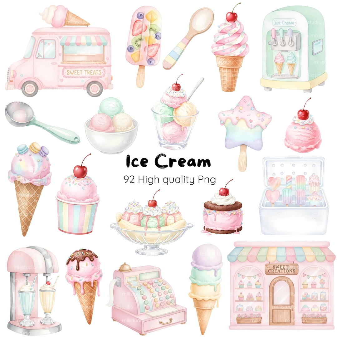 Ice Cream Shop Watercolor Clipart • Cute Digital Kit • 300 DPI PNG ...