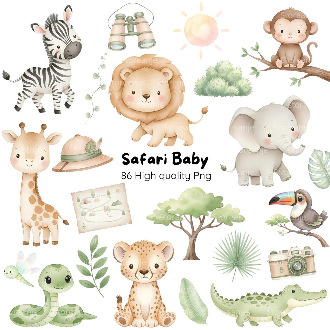 Safari Baby Watercolor Clipart • Jungle Animals Digital Kit • 300 DPI ...