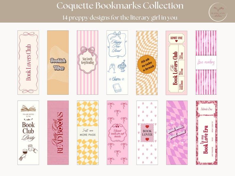 Coquette Bookmarks Printable Set of 14 | Preppy Book Lover Bookmarks ...