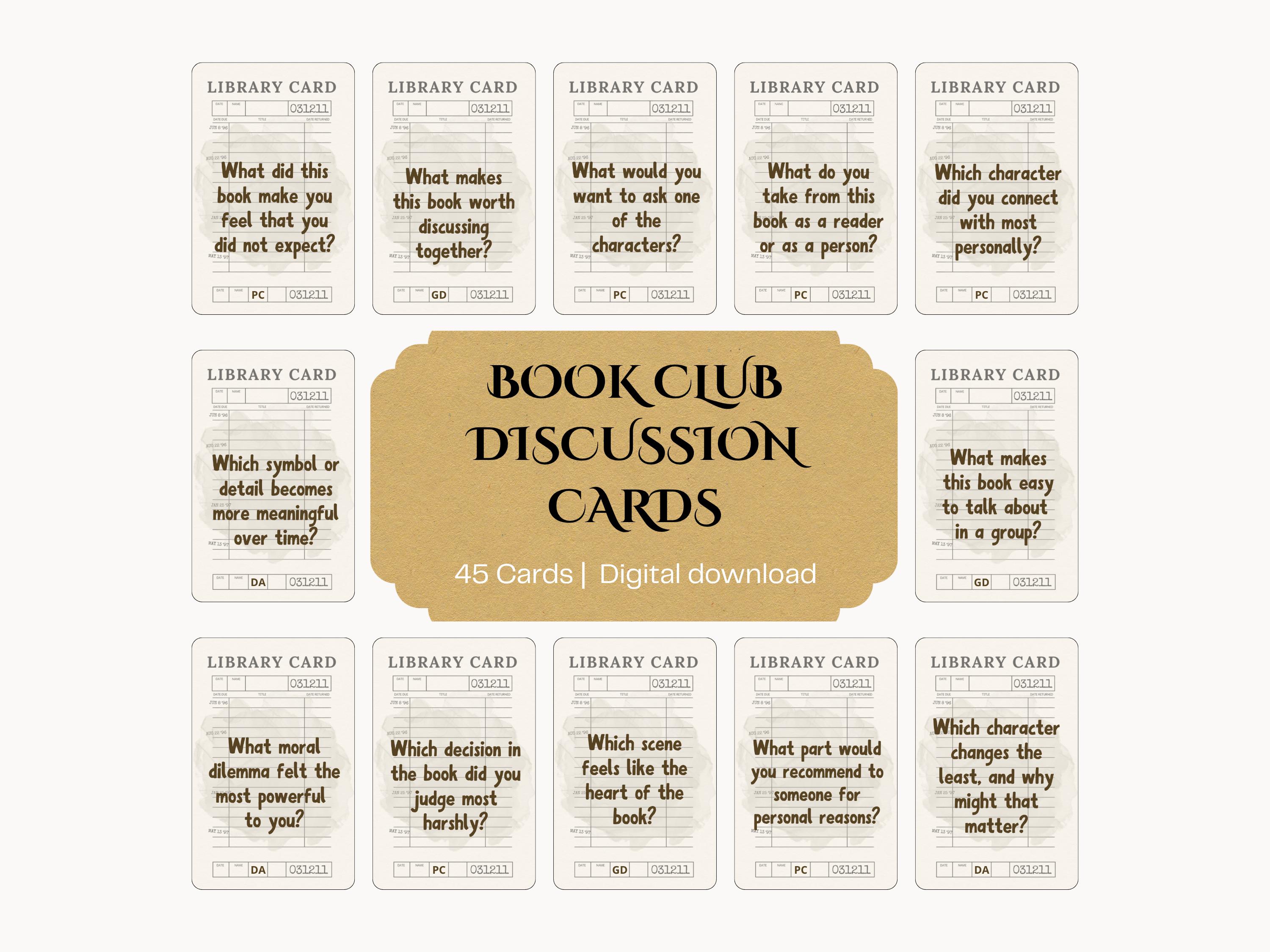 Book Club Discussion Cards, 45 Library Card Questions, Book Club ...