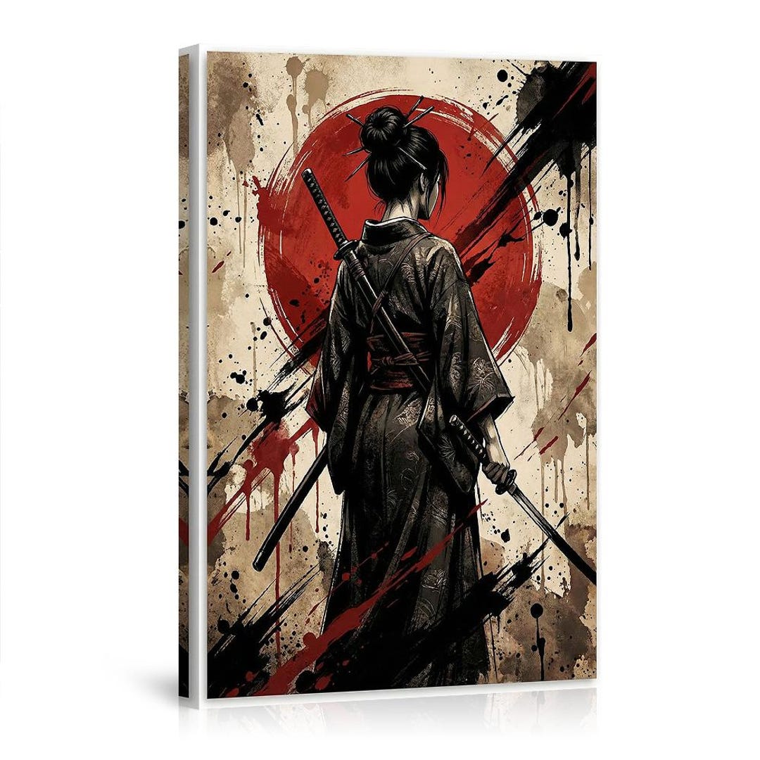 Female Samurai With Katana and Red Sun Canvas Wall Art, Edgy Japanese ...