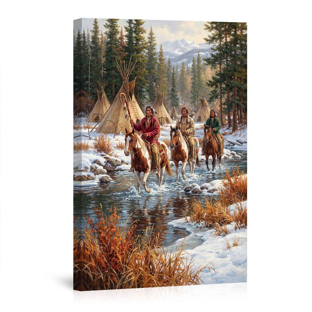 Native American Horse Riders Winter Landscape Canvas Prints Wall Art ...