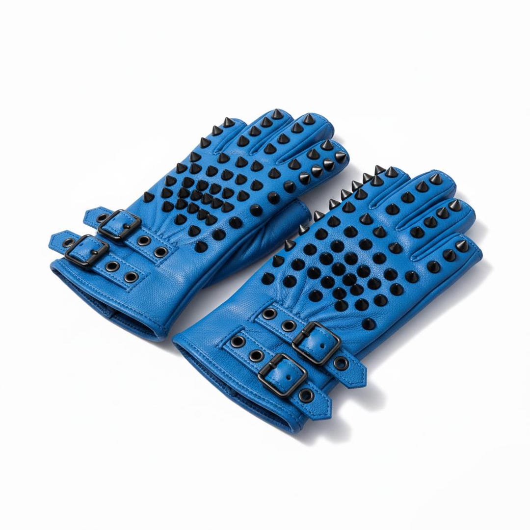 Bold Sky Blue Leather Half Finger Gloves With Black Spikes Studs ...