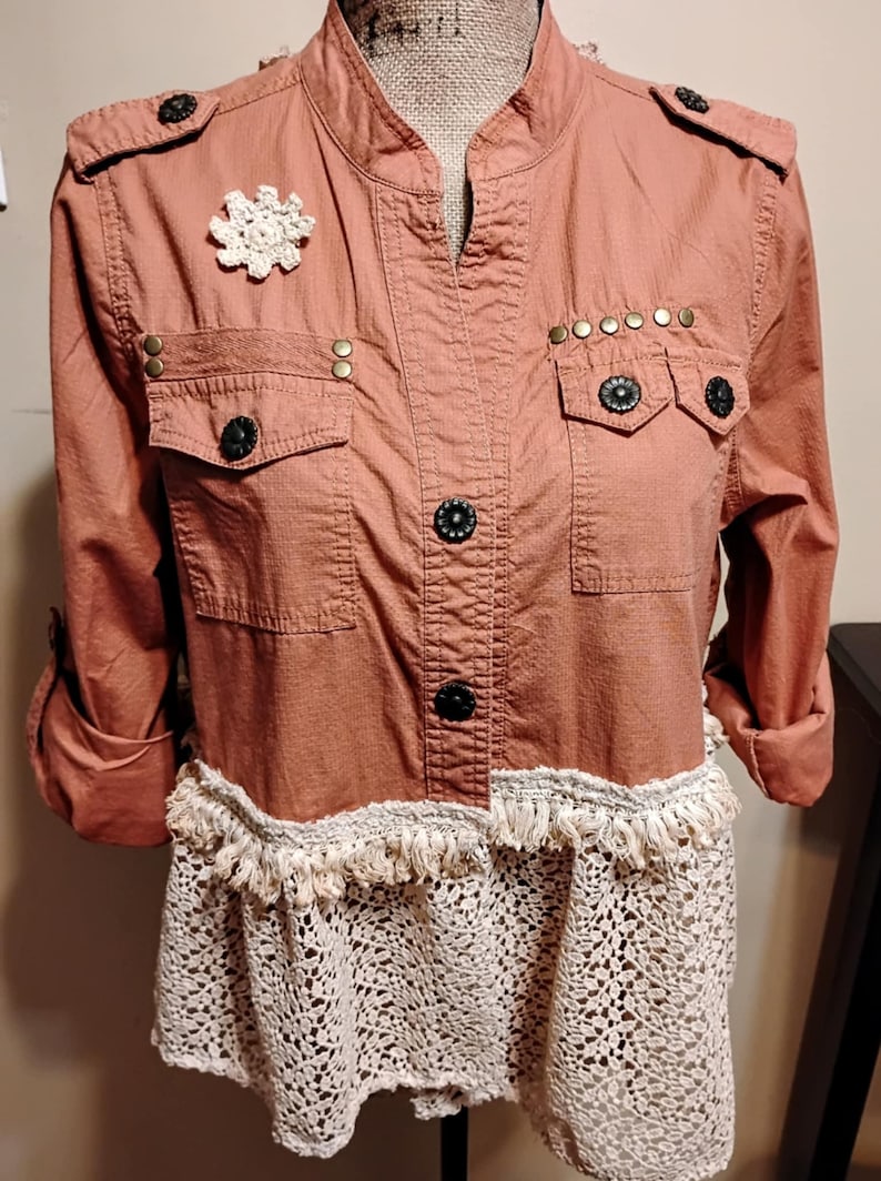 Upcycled Coral Jacket, Lace Bottom, Sparrow & Pixie Panel, Small - Etsy