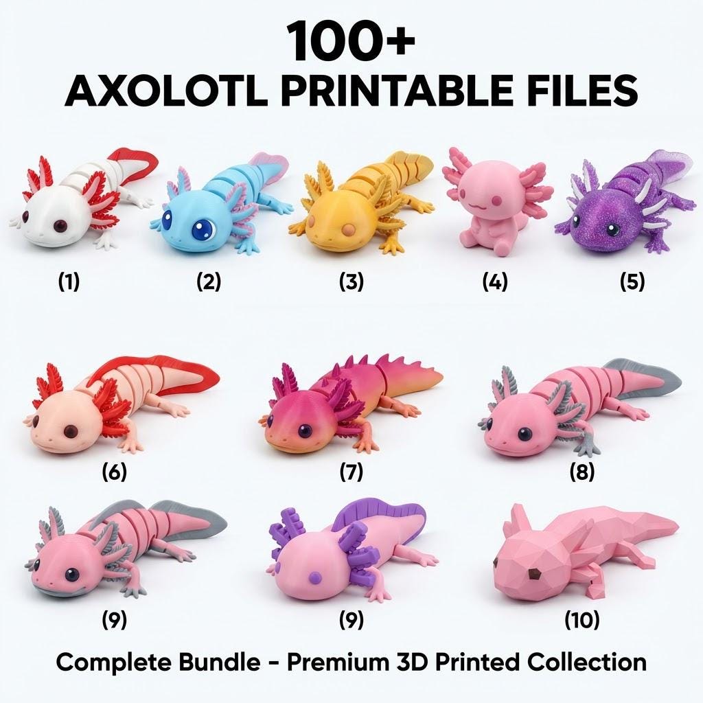 100+ Flexi Axolotl STL Bundle | Articulated Print-in-place Cute Kawaii ...