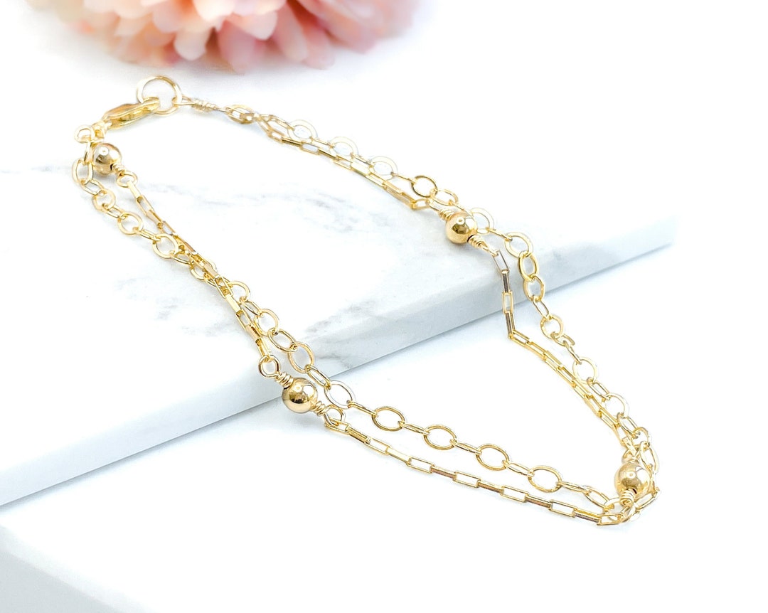 Gold Beaded Bracelet, Double Chain Bracelet, Small Gold Bracelet, Gold Ball Bracelet, 50th ...
