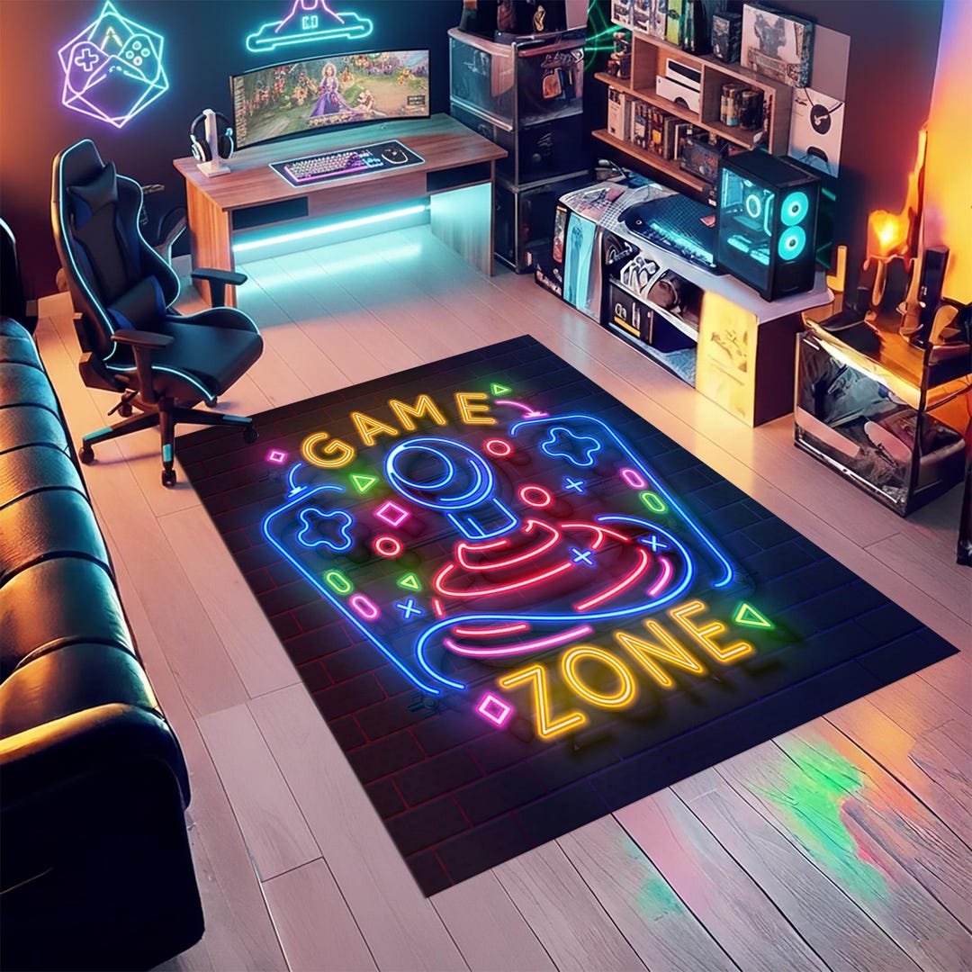 Neon Game Zone Joystick Rug, Retro Arcade Style Gaming Carpet ...