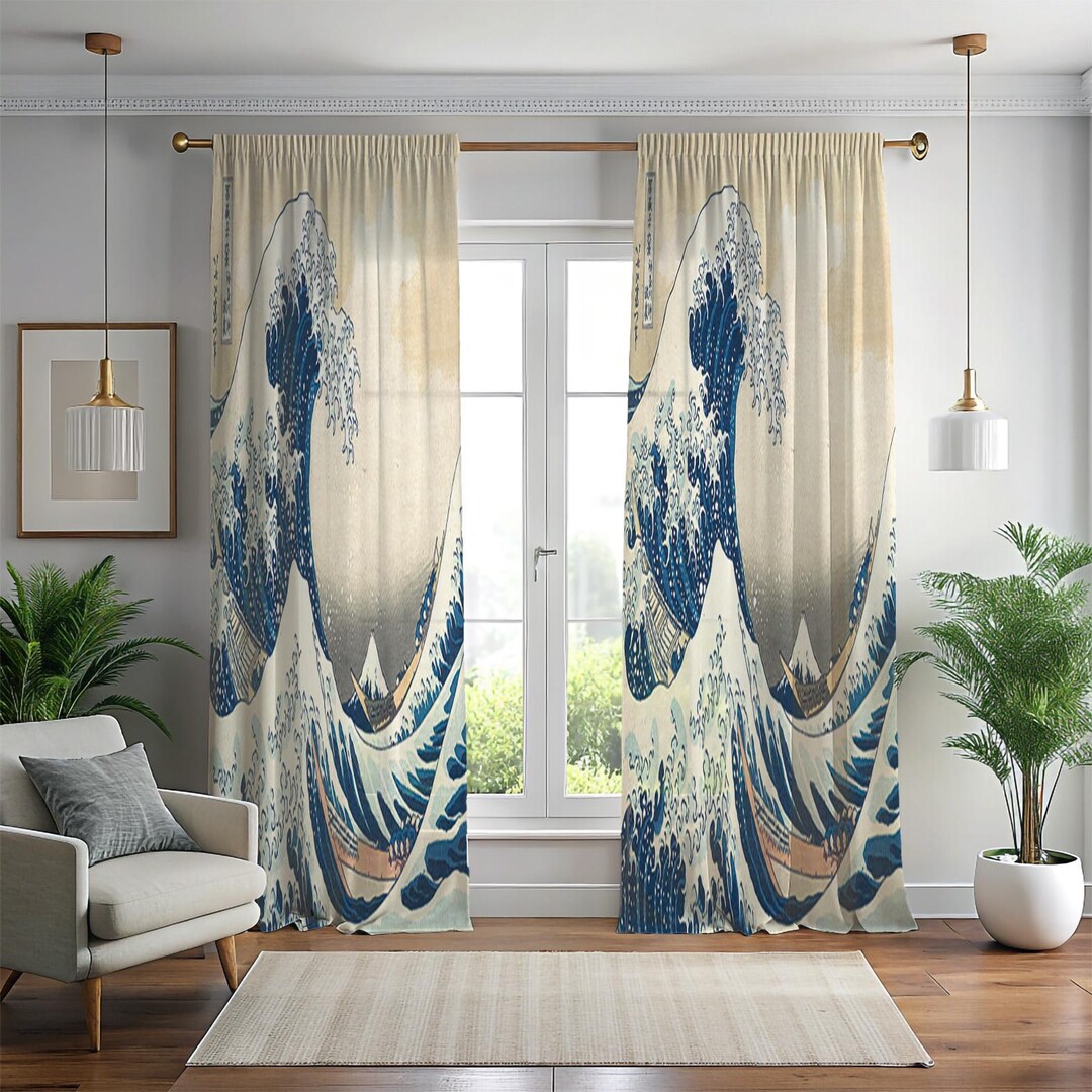 Traditional Japanese Great Wave Illustration Curtains, Iconic Blue Sea ...