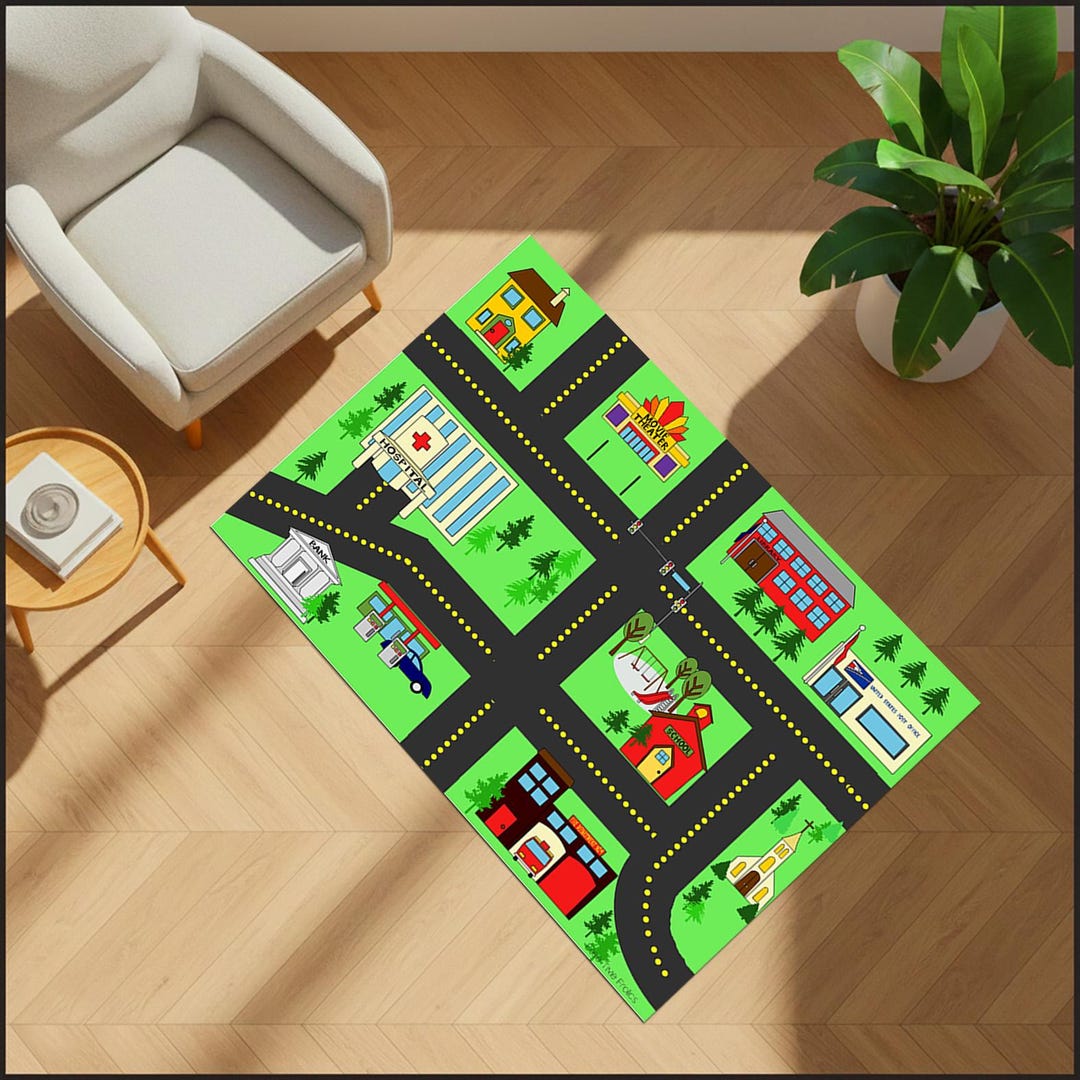 Kids City Road Map Rug, Educational Town Life Carpet, Cartoon Village ...