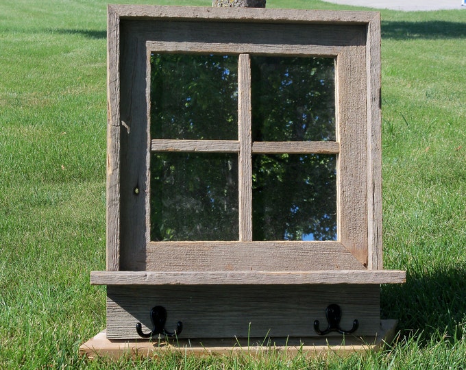 Gray Barnwood Framed Mirror With Shelf And Black Coat Hooks Etsy
