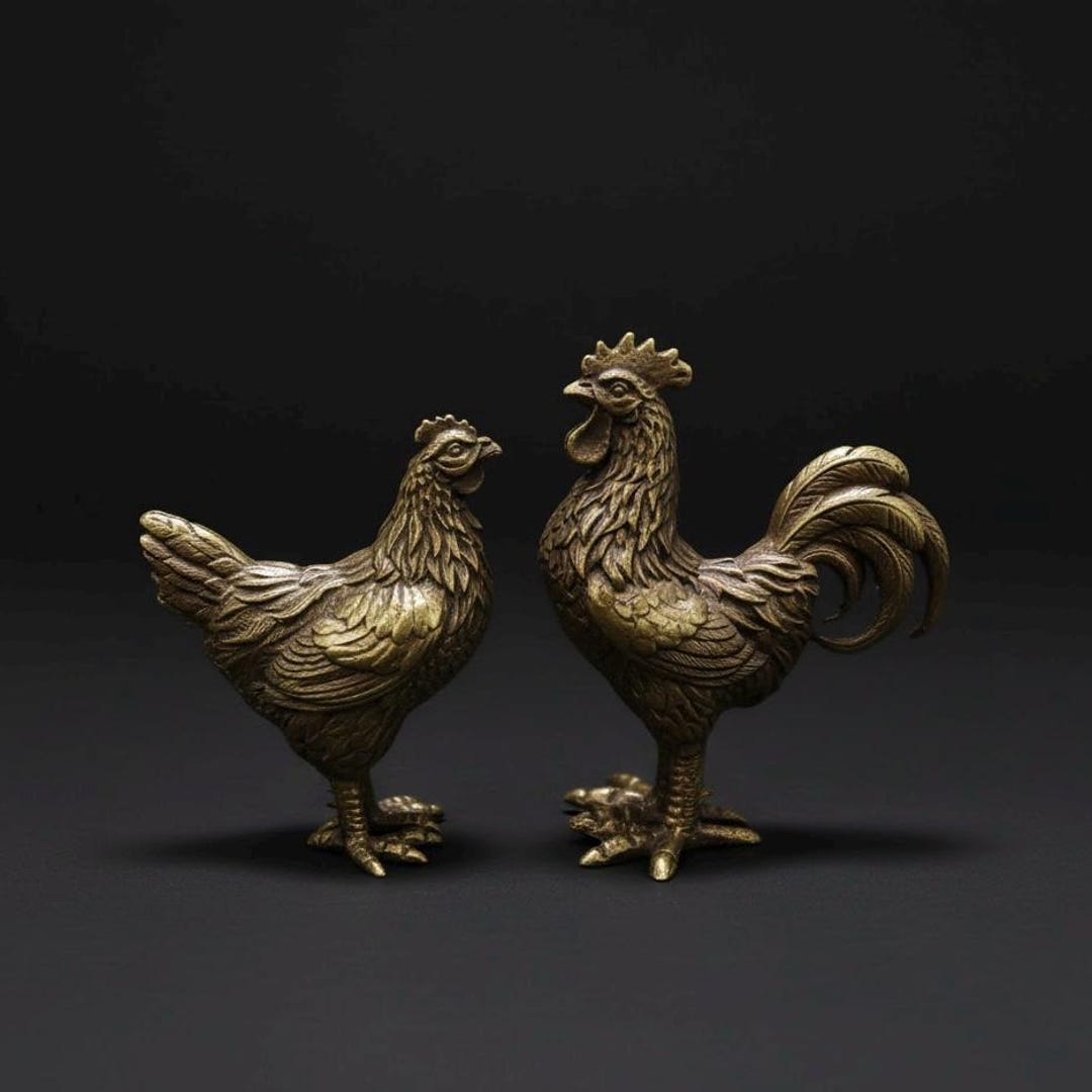 Brass Rooster Hen Figurine Set, Vintage Copper Chicken Statue ...