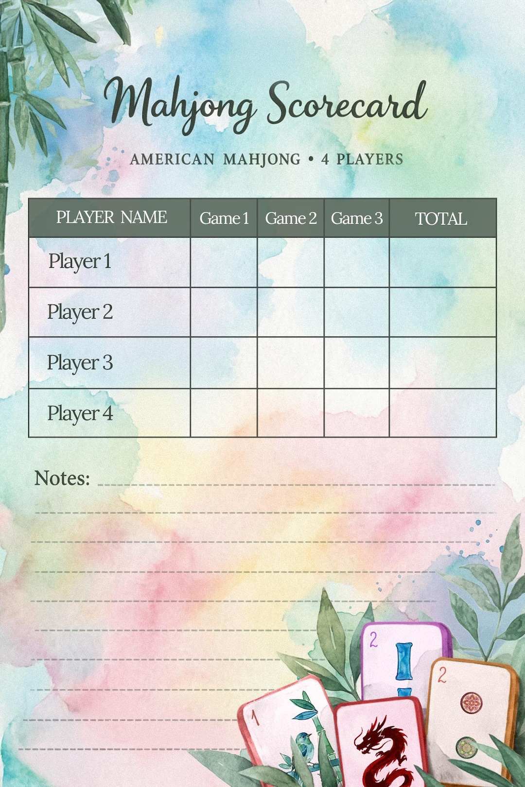 American Mahjong Scorecard | 4 Player Printable (digital Download) - Etsy
