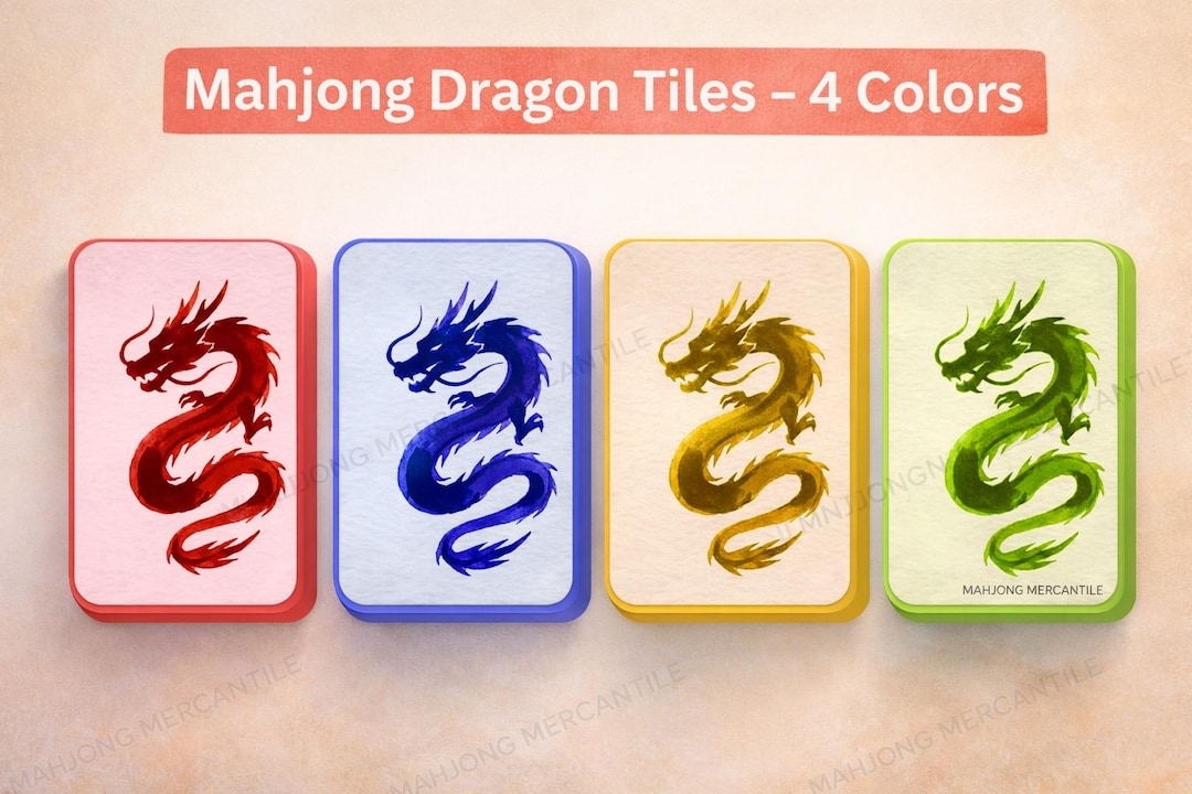 Mahjong Dragon Tile Set PNG | 4 Color Dragons | Mahjong Clipart for ...