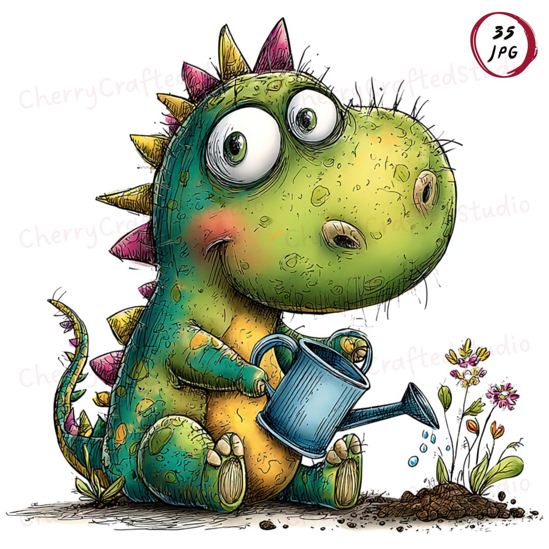 35 Whimsical Lazy Baby Dino Clipart JPG Set, Goofy Spring Watercolor ...