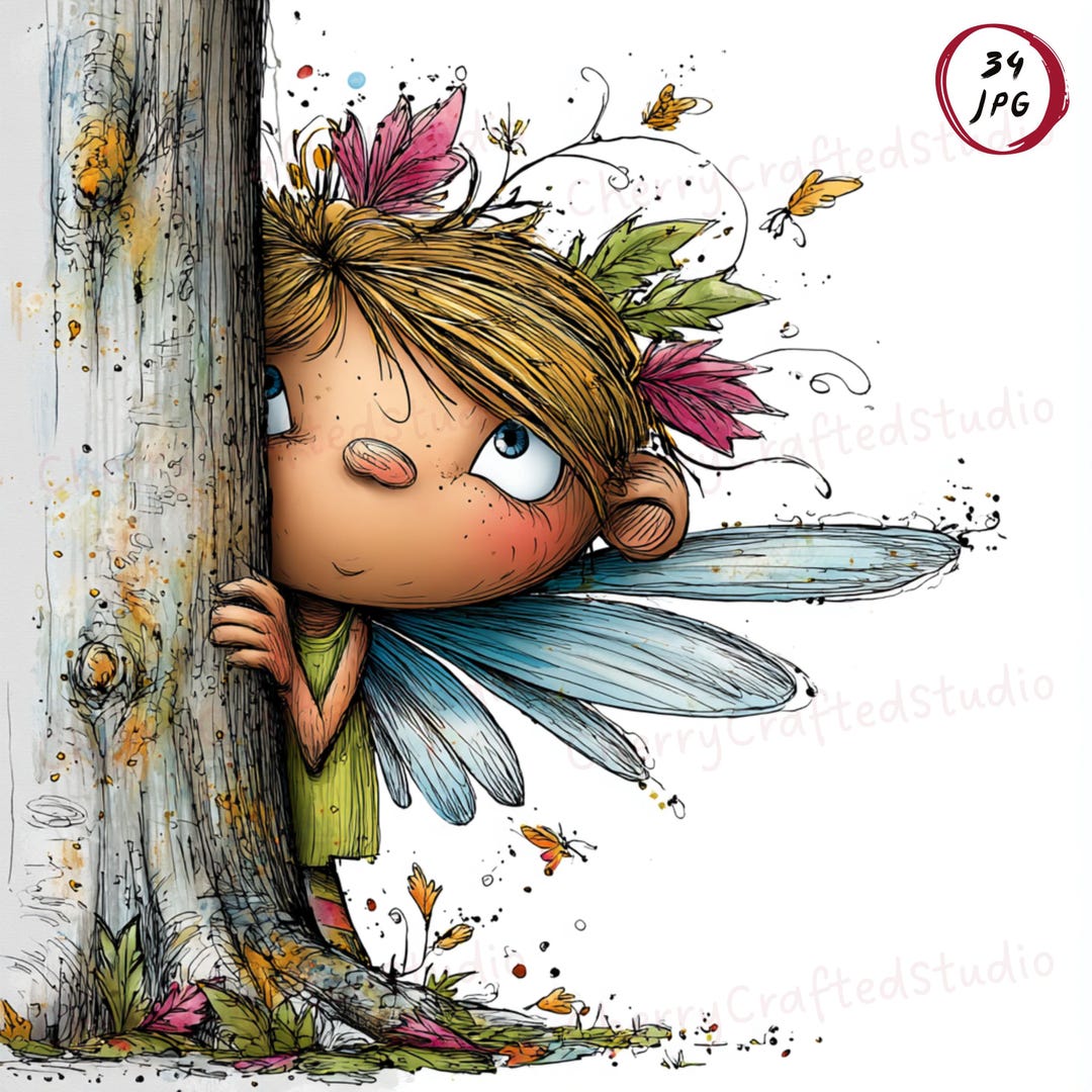 34 Whimsical Lazy Fairy Child Clipart JPG Set, Goofy Spring Watercolor ...
