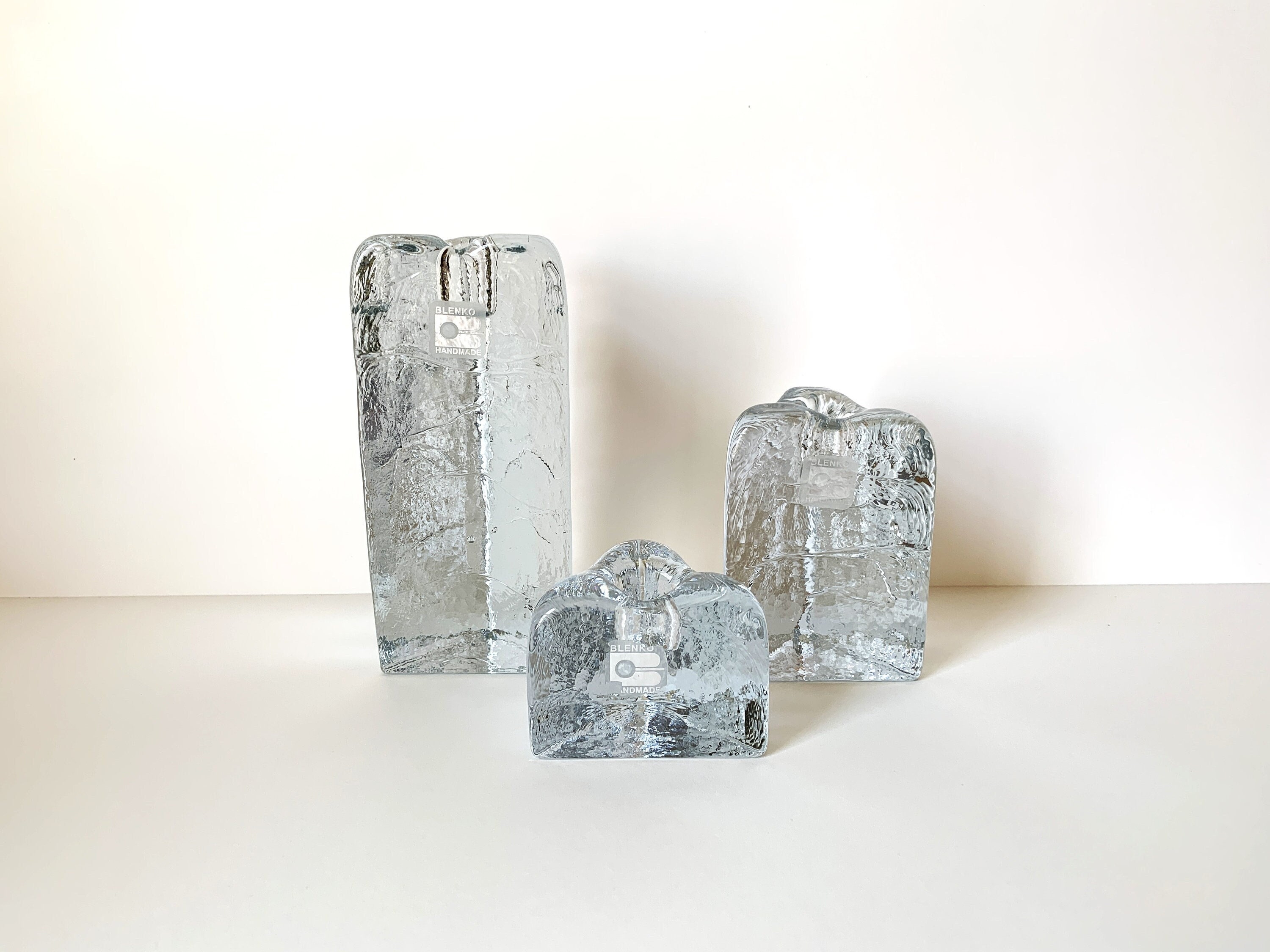 Vintage Blenko Handmade Clear Glass Candle Holders Graduated Set of ...