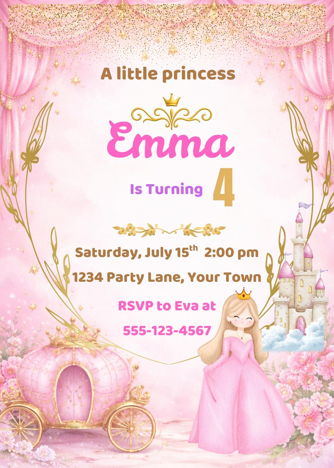 Princess Birthday Invitation Turning 4 | Canva Editable | Instant ...