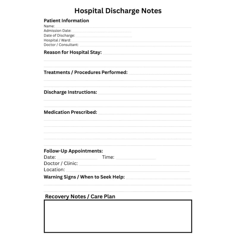 Hospital Discharge Notes Printable - Post Hospital Care Log for ...