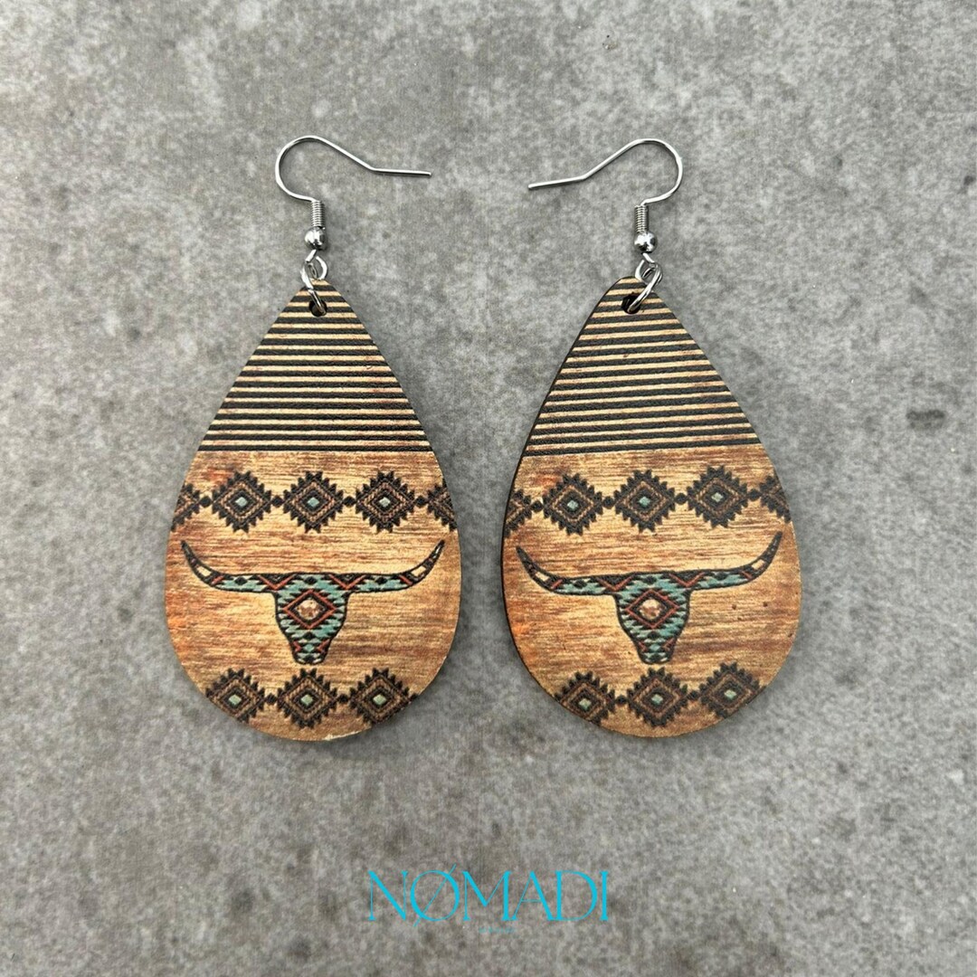 Western Teardrop Wooden Earrings – Boho Longhorn Design - Etsy