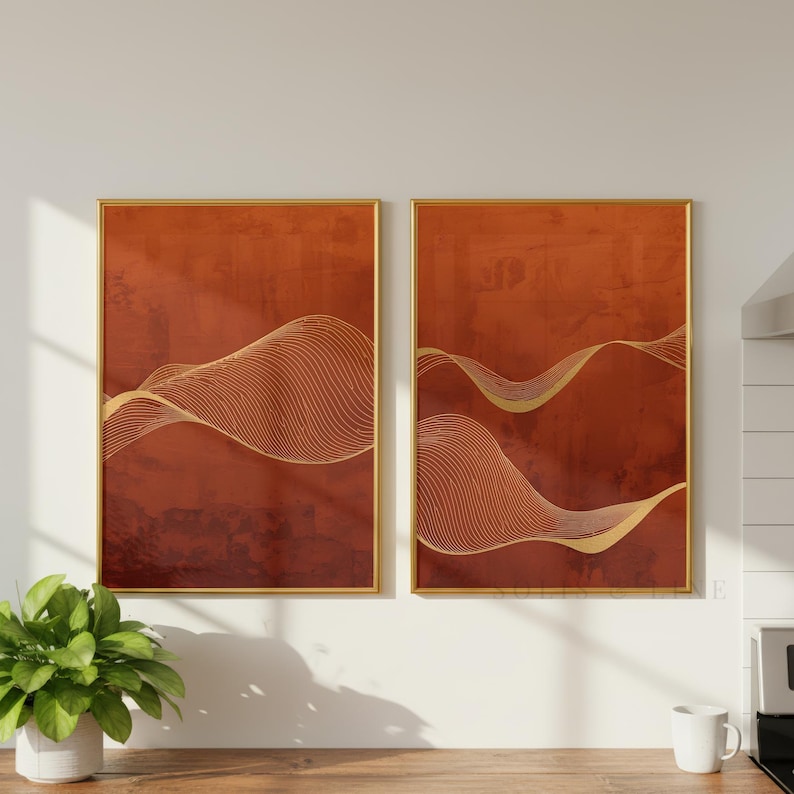 Terracotta Gold Abstract Wave Line Art Set | Mid Century Modern Japandi ...