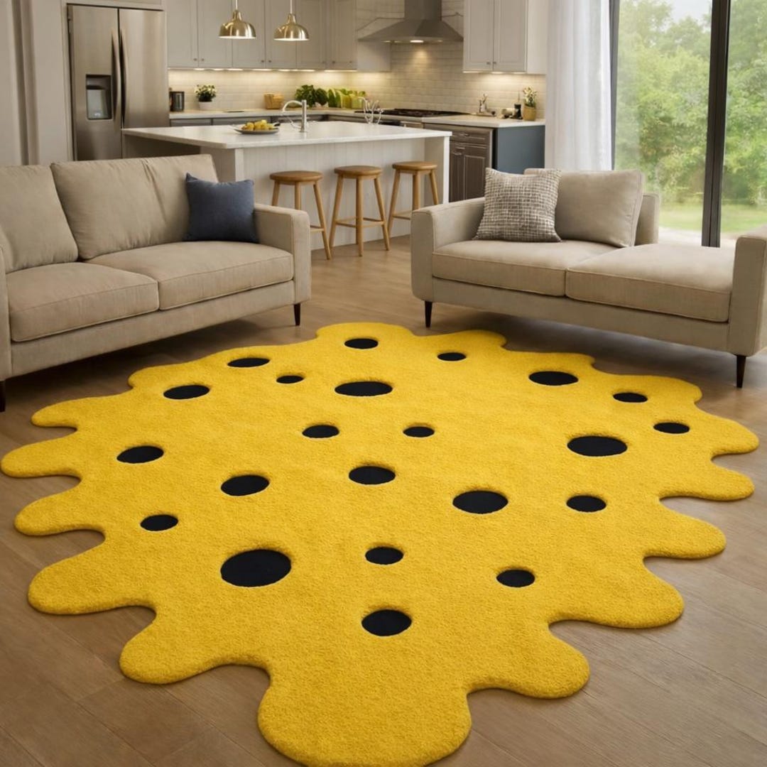 Abstract Yellow Splat Rug With Polka Dots – Modern Pop Art 3D Textured ...
