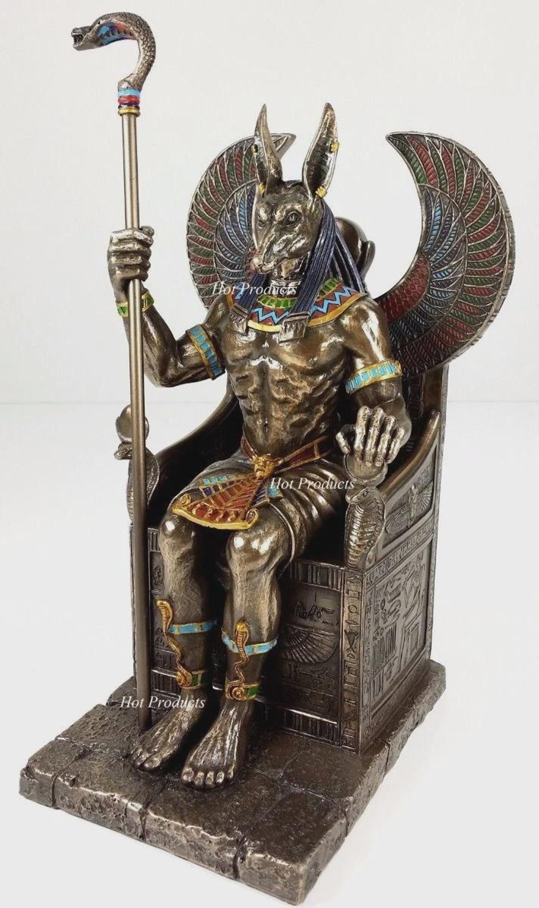 Egyptian Anubis Jackal W/ Cobra Scepter on Throne Statue Antique Bronze ...