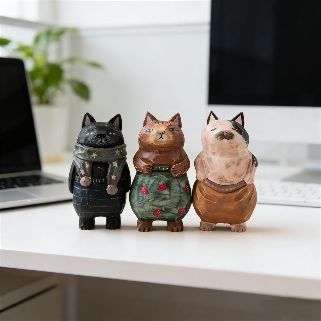 Hand-carved Wooden Cat Figurine – Cute Cat Home Decor, Creative Animal ...