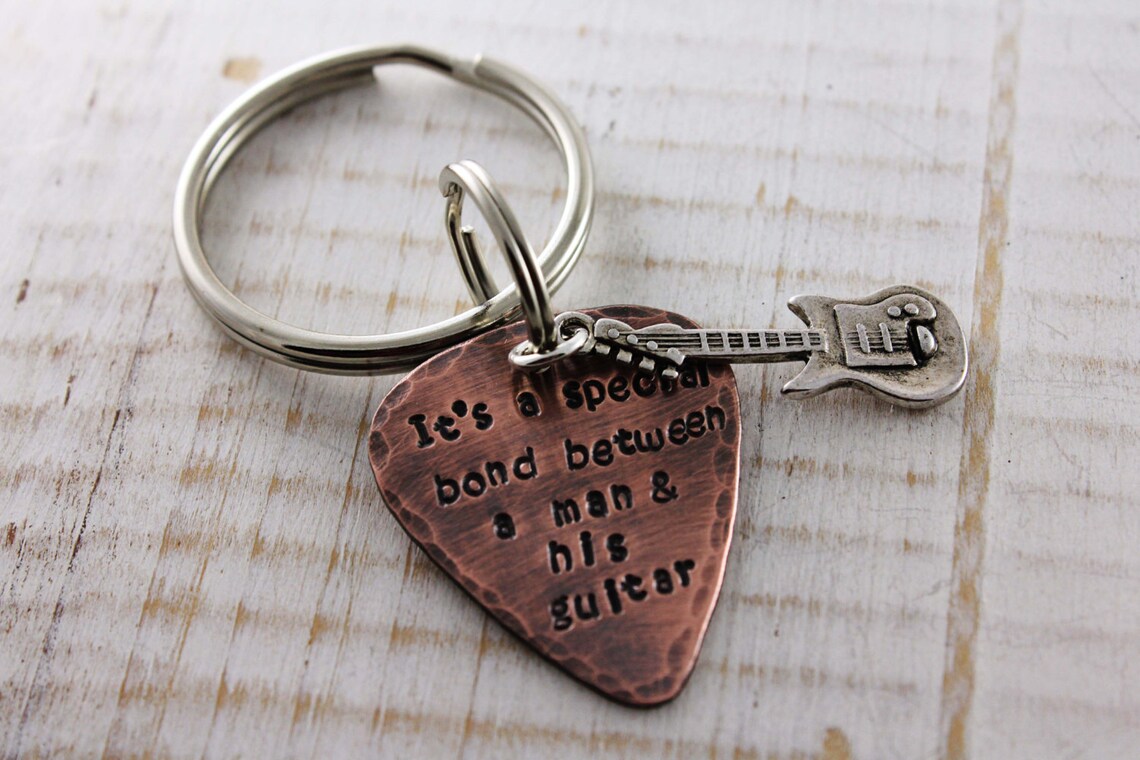 Copper Guitar Pick Keychain, Keyring With Guitar, Hand Stamped ...