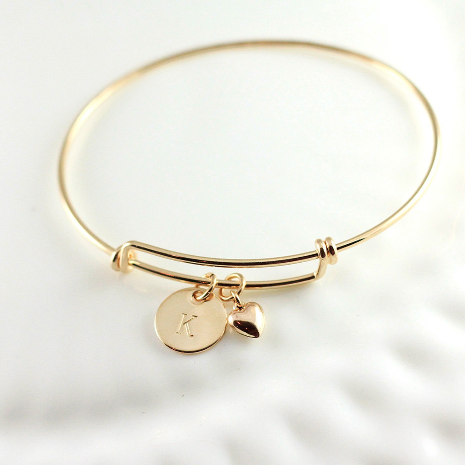 Personalized Gold Filled Bangle Bracelet – Initial Disc & Heart Charm ...