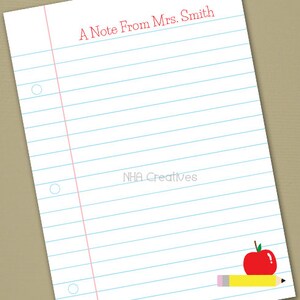 Personalized Teacher Note Card - 5x7" Flat Card - Notebook Paper ...