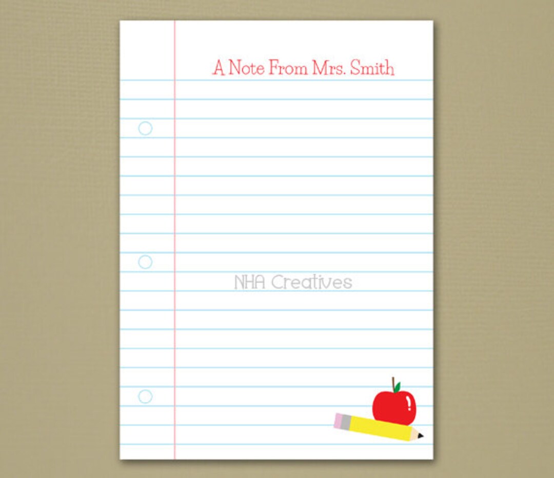 Personalized Teacher Note Card - 5x7" Flat Card - Notebook Paper ...