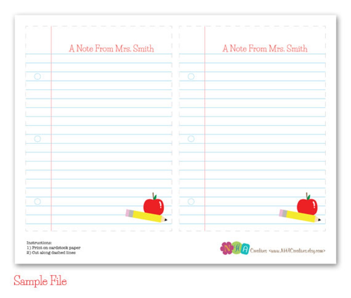 Personalized Teacher Note Card - 5x7" Flat Card - Notebook Paper ...