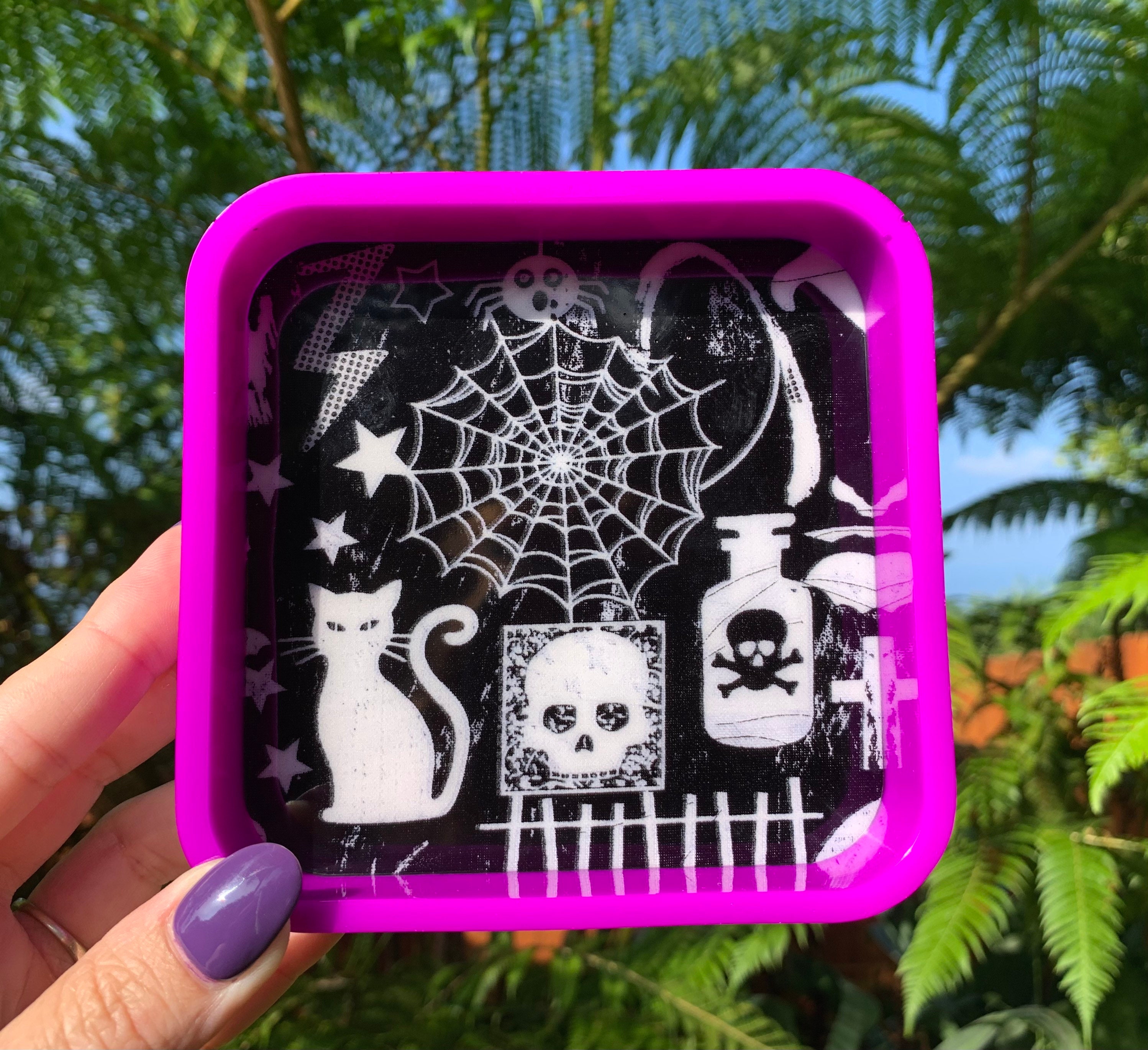 Resin handmade Trinket Dish Bright Red rim with Cherry print on Black ...