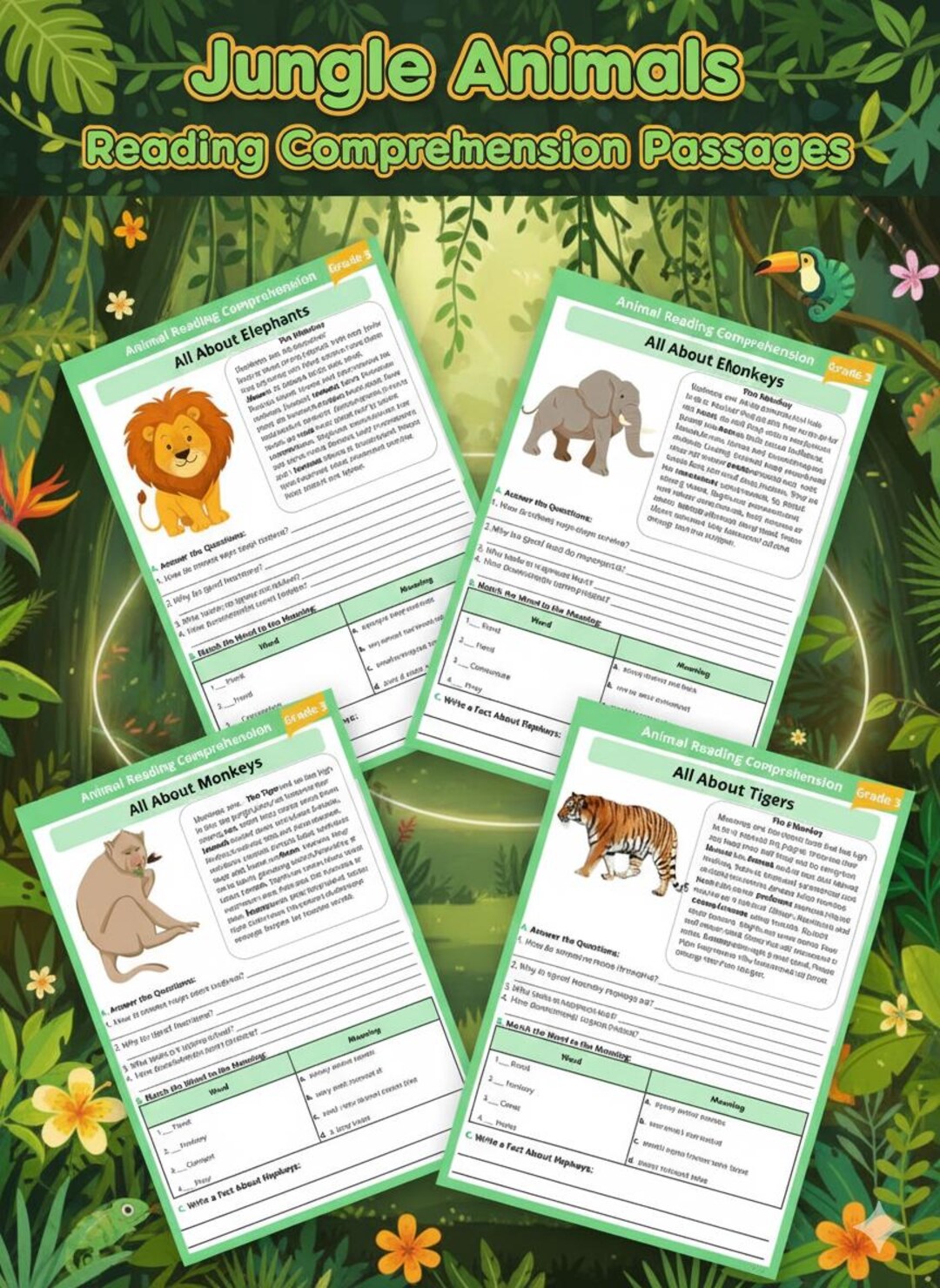 Grade 3 Reading Comprehension Worksheets | Jungle Animals (PDF Bundle ...