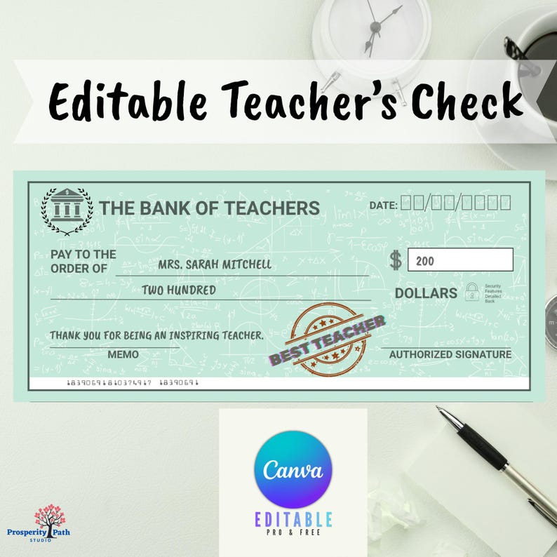 Editable Teacher Checks, Canva Template, Teacher Appreciation Printable ...