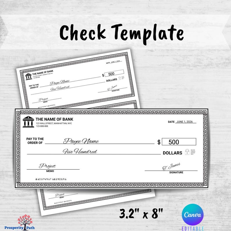 Check Templates Canva Editable | 3.5 X 8 Inches, Printable Blank Check ...