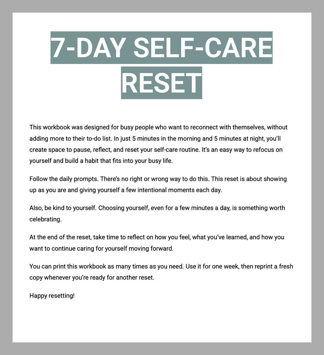 PRINTABLE 7-day Self-care Reset to Reconnect With Yourself (+ Bonus ...