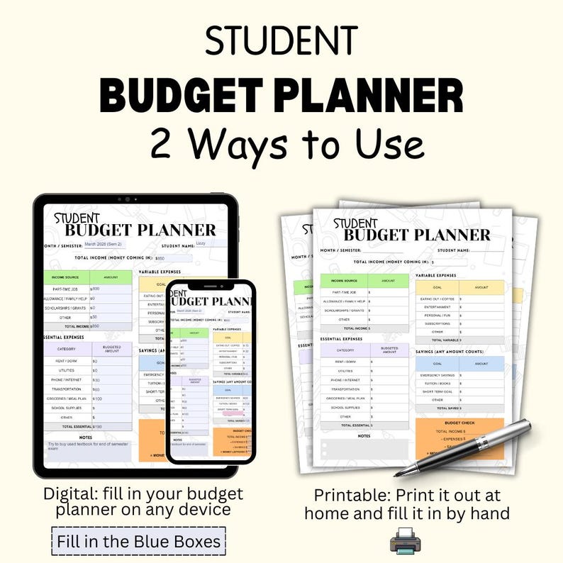Student Budget Planner Printable, College Budget Worksheet, Editable ...