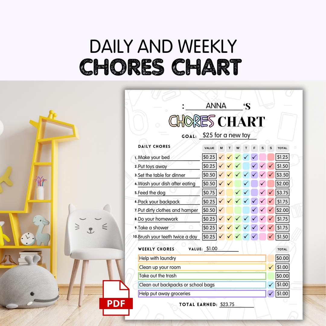 Kids Chore Chart, Fillable PDF Allowance Chart, Auto Calculating ...