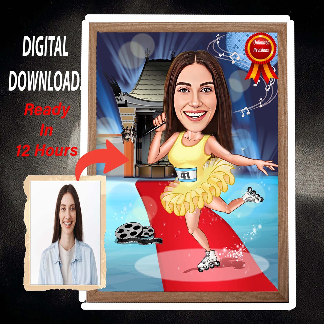 Custom Roller Skating Singer Caricature, Personalized Digital Portrait ...