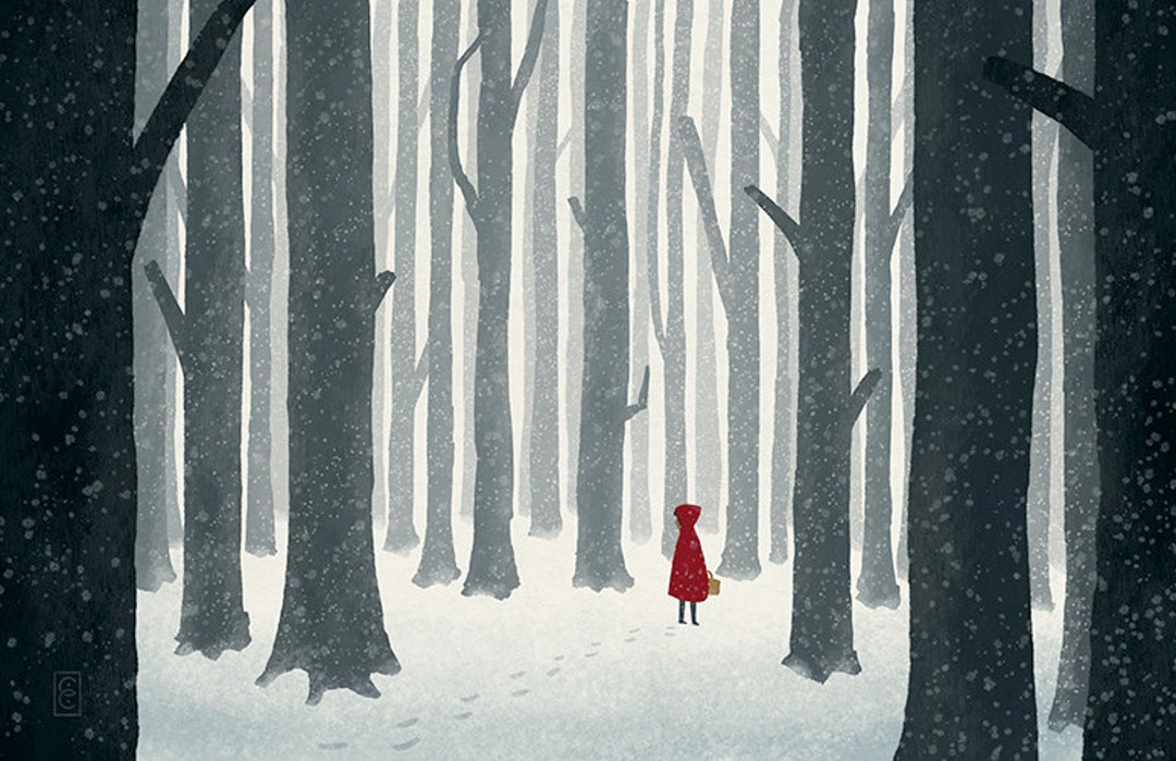 Little Red Riding Hood Strolling Through the Woods in the Magical Snowy ...