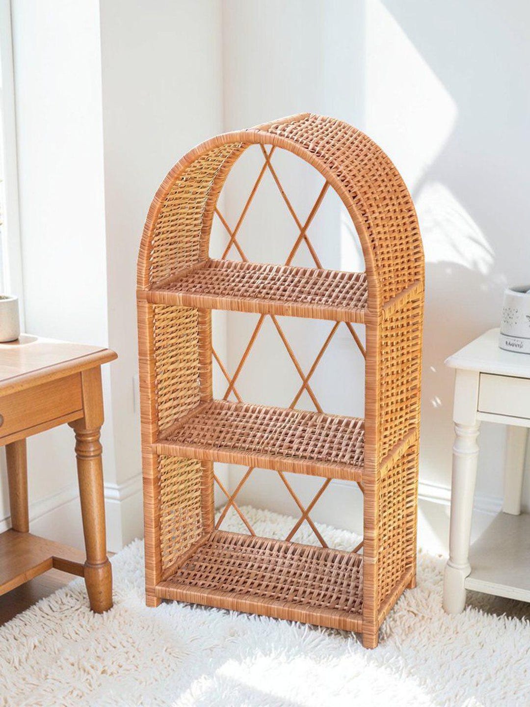 Handmade Rattan Bookshelf Arched Wicker Bookcase Cabinet, Boho ...
