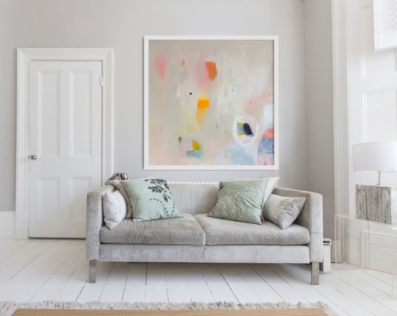 Large Cream PRINT of ABSTRACT PAINTING With Light Blue and | Etsy